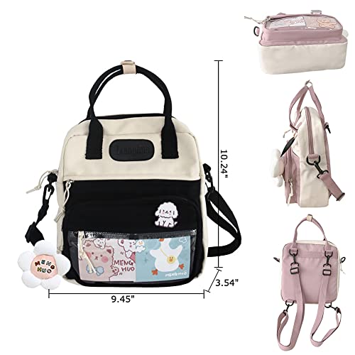 Tonecy Cute Mini Backpacks Kawaii, Japanese Anime Kawaii Backpack School Functional Travel Waterproof Bookbag Laptop Bag (Black,with flower ornament)