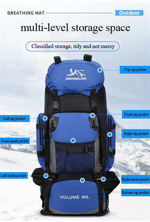 Waterproof Hiking Backpack 90L, Camping Backpack with Rain Cover, High Performance Hiking Mountaineering Backpack (deep blue)