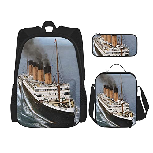 3 Piece Backpack Set Titanic Print School Bag,Travel Camping Daypack Students Bookbag Pencil Case Lunch Bag Combination