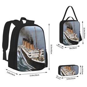 3 Piece Backpack Set Titanic Print School Bag,Travel Camping Daypack Students Bookbag Pencil Case Lunch Bag Combination