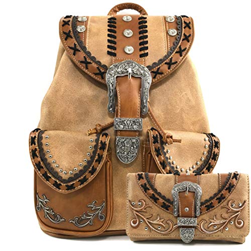 Zelris Western Country Floral Buckle Rucksack Backpack with Matching Wallet Set (Tan)