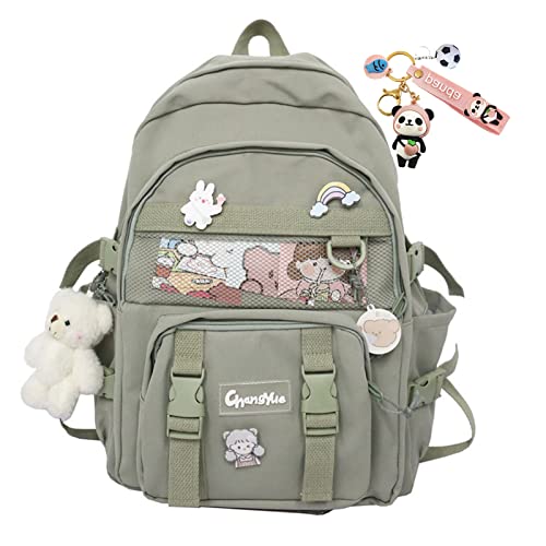 Kawaii Backpack with Pins Multi-Pocket Cute Accessories School Bag Rucksack Large Capacity for Girls Teens (Green)