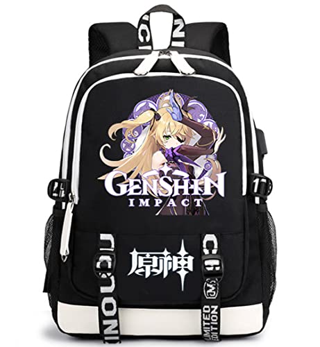 Vinca Mascot Anime Genshin Impact Cosplay with USB charging port printed school bag student bag laptop backpack unisex (black1)