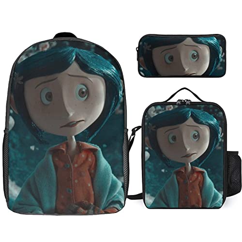 Zqiyhre Cora Backpack 3 PCS Set, Printing Anime Travel Laptop Backpack Pencil Case Lunch Bag for Students