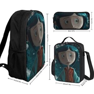 Zqiyhre Cora Backpack 3 PCS Set, Printing Anime Travel Laptop Backpack Pencil Case Lunch Bag for Students