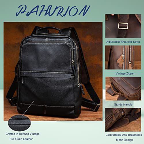 PAHVRION Vintage Genuine Leather 15.6 Inch Laptop Backpack, Hiking Travel Bag Anti Theft Camping Daypack School College Bookbag, Black