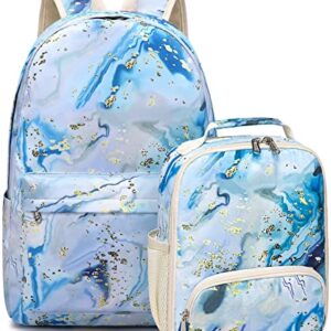 Bluboon Backpack for Girls Kids Backpack with Lunch Box Marble School Bookbag Set for Kindergarten Elementary School Supplies