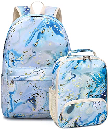 Bluboon Backpack for Girls Kids Backpack with Lunch Box Marble School Bookbag Set for Kindergarten Elementary School Supplies