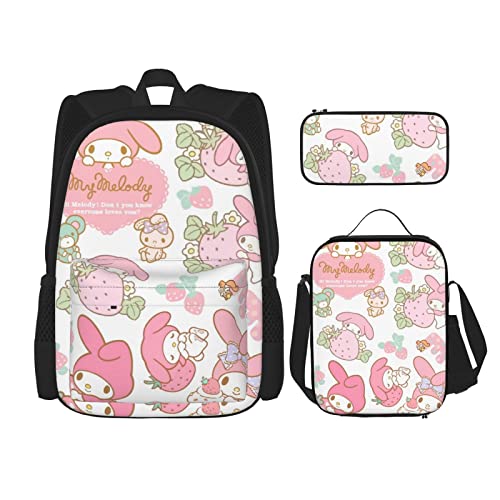 ORPJXIO Backpack 3 Piece Set Kuromi Anime My Melody School Bag Pencil Case Lunch Bag Combination For Travel Work Camping School