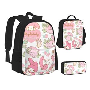 ORPJXIO Backpack 3 Piece Set Kuromi Anime My Melody School Bag Pencil Case Lunch Bag Combination For Travel Work Camping School