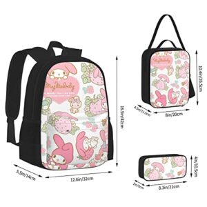 ORPJXIO Backpack 3 Piece Set Kuromi Anime My Melody School Bag Pencil Case Lunch Bag Combination For Travel Work Camping School