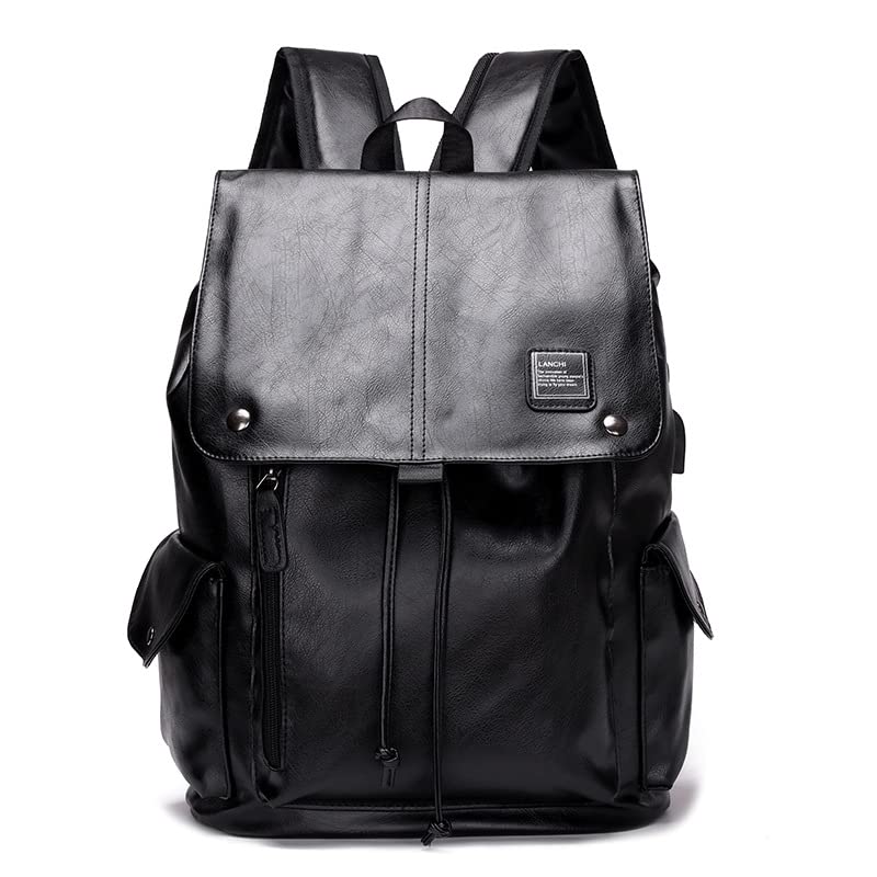 Fashion Men's PU Leather Backpack Business Laptop Bag with USB Simple High-Capacity Bag Students School Daypack for Gifts (Black)