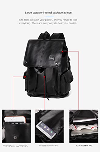 Fashion Men's PU Leather Backpack Business Laptop Bag with USB Simple High-Capacity Bag Students School Daypack for Gifts (Black)