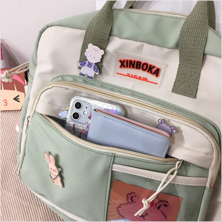 Kawaii backpack with cute pins and plush pendant girl shoulder bag school bag cute backpack travel backpack(Green)