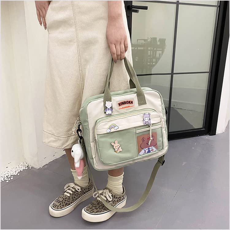 Kawaii backpack with cute pins and plush pendant girl shoulder bag school bag cute backpack travel backpack(Green)