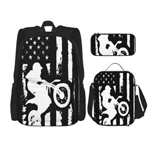 3 piece set backpacks american flag motorcross dirt bike book bag travel camping work school bag pencil case lunch bag combination for men women boys girls one size