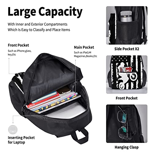 3 Piece Set Backpacks American Flag Motorcross Dirt Bike Book Bag Travel Camping Work School Bag Pencil Case Lunch Bag Combination For Men Women Boys Girls One Size