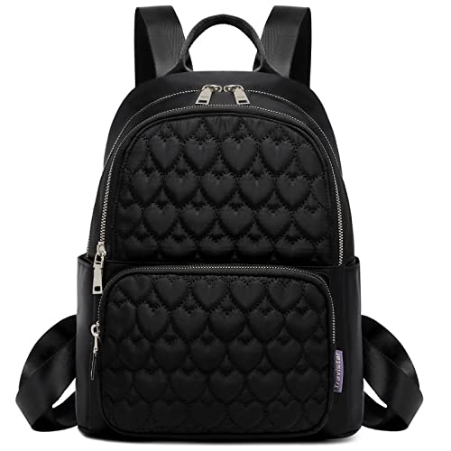 MYHOZEE Backpack for Women, Quilted Nylon Travel Backpack Purse Black Small Bag Teen Daypack Heart