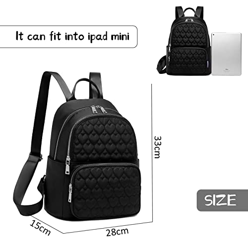 MYHOZEE Backpack for Women, Quilted Nylon Travel Backpack Purse Black Small Bag Teen Daypack Heart