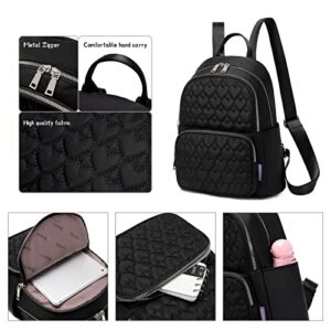 MYHOZEE Backpack for Women, Quilted Nylon Travel Backpack Purse Black Small Bag Teen Daypack Heart