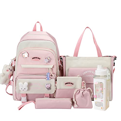 LELEBEAR Kawaii Backpack, Kawaii Backpack Set with Kawaii Water Bottle (pink)