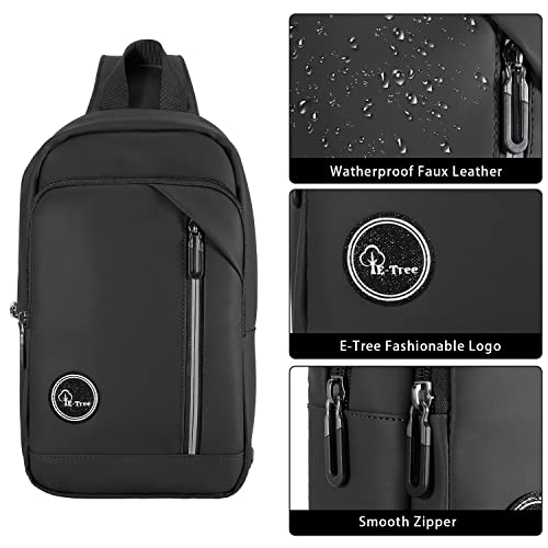 E-Tree Sling Bag Hiking Casual Travel Daypack Crossbody Shoulder Backpack Multi-pocket Chest Bag Small Size PU Leather for Men Women Child Teenager (Black)