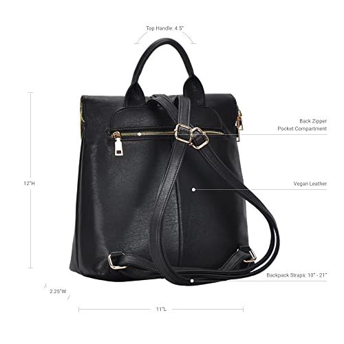 Miztique The Diana Backpack Purse for Women, Flap Over Tote Bag, Soft Vegan Leather - Black