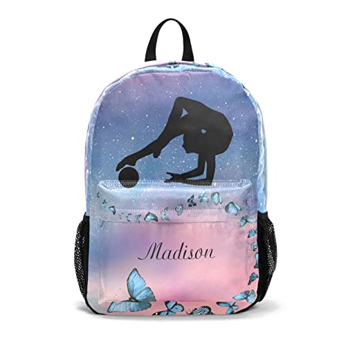 NZOOHY Starry Butterflies Gymnastics Ball Personalized Backpack Custom Text Unisex Bookbag for Boy Girl Travel Daypack Bag Purse 17.7 IN