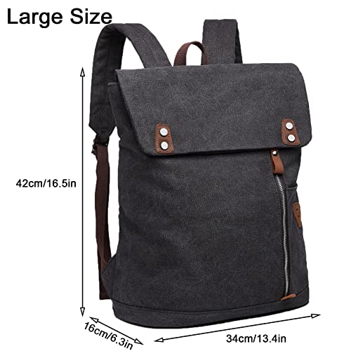 Rexmore Vintage Canvas School Backpack, Large Travel Rucksack Daypacke Lightweight College Bookbag 15.6 Inches Laptop Bag For Men Women,Black