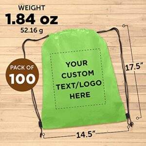 Personalized Drawstring Durable Backpack Non-Woven - 100 Pack - Customizable Text -Sports Back Pack Perfect For Training and Gym - Strong 80 GSM Polypropylene Material - 24 inches Rope String - Lime Green