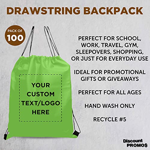 Personalized Drawstring Durable Backpack Non-Woven - 100 Pack - Customizable Text -Sports Back Pack Perfect For Training and Gym - Strong 80 GSM Polypropylene Material - 24 inches Rope String - Lime Green