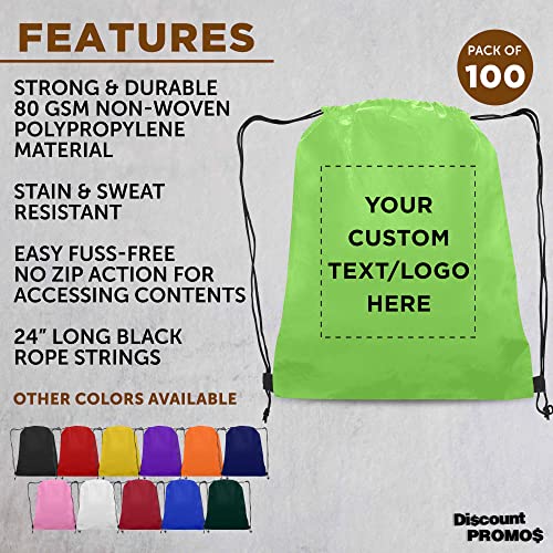 Personalized Drawstring Durable Backpack Non-Woven - 100 Pack - Customizable Text -Sports Back Pack Perfect For Training and Gym - Strong 80 GSM Polypropylene Material - 24 inches Rope String - Lime Green