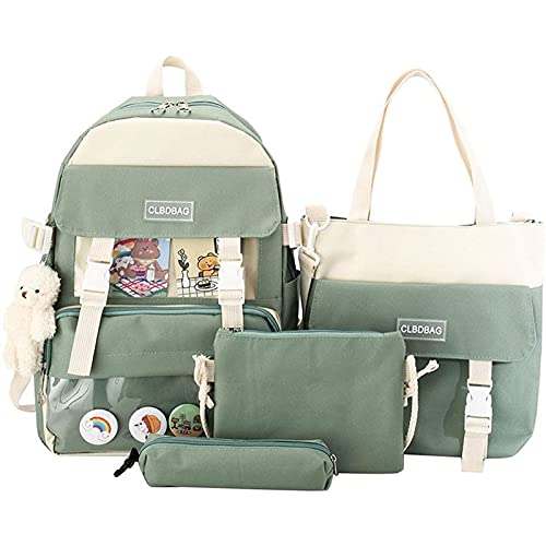 Skyearman 4 PCS Backpack Combo Set with Bear Pendant Canvas Kawaii School Bag Sets with Pencil Box Lunch Box Bag (Green)