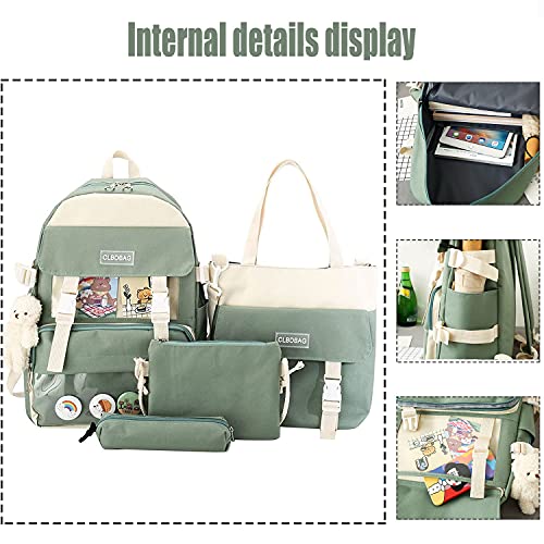 Skyearman 4 PCS Backpack Combo Set with Bear Pendant Canvas Kawaii School Bag Sets with Pencil Box Lunch Box Bag (Green)