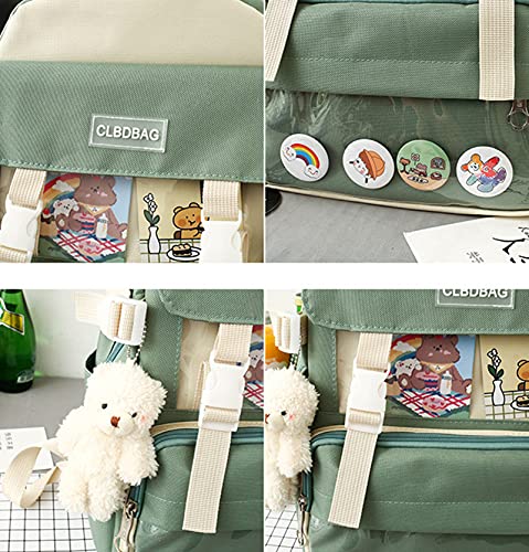 Skyearman 4 PCS Backpack Combo Set with Bear Pendant Canvas Kawaii School Bag Sets with Pencil Box Lunch Box Bag (Green)