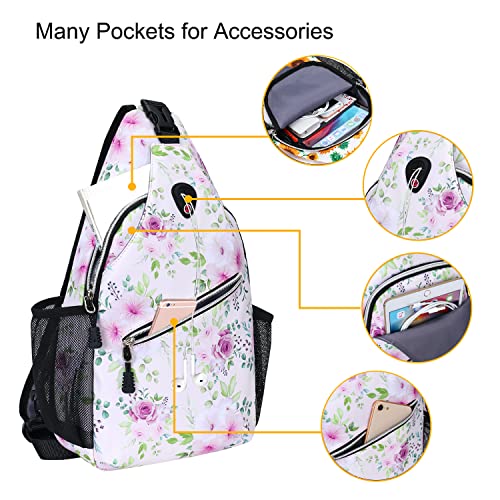 MOSISO Sling Backpack, Multipurpose Travel Hiking Daypack Rope Crossbody Shoulder Bag, Rose & Peach Flower