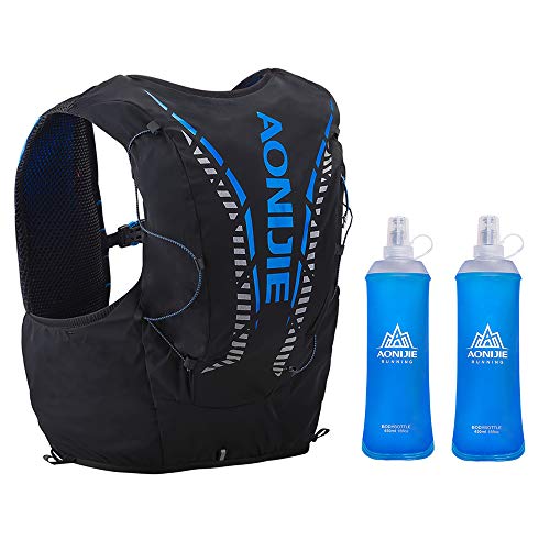 AONIJIE 5L/12L Men Women Running Vest Pack Hydration Backpack Outdoor Sports Bag for Marathon Cycling Hiking (12L# Black&Blue+2 Pcs Soft Flasks (450ml), M/L(35.43-40.15 inch))