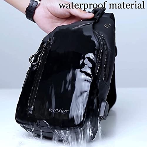 Hjkiopc Waterproof Sling Bags Mens Anti-theft Shoulder Crossbody Backpack with USB Charging Port& Headphone,Outdoor Lightweight Bag (Black)