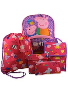 peppa pig girls 5 piece backpack and lunch bag school set (one size, pink/purple)