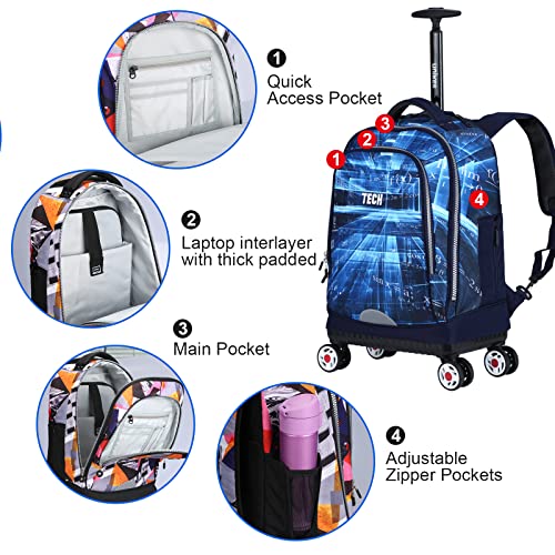 UNIKER Rolling Laptop Backpack, Softside Luggage with Spinner Wheels for Travel, Carry on Luggage Business Bag, College Student Computer Bookbag Trolley Suitcase for Men Women Blue