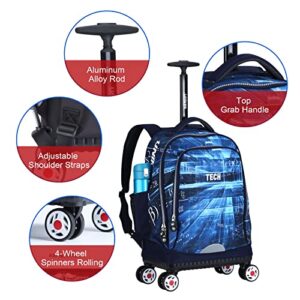 UNIKER Rolling Laptop Backpack, Softside Luggage with Spinner Wheels for Travel, Carry on Luggage Business Bag, College Student Computer Bookbag Trolley Suitcase for Men Women Blue