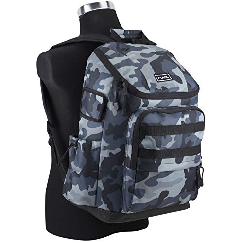 FUEL Multi-Pocket Cargo Backpack with High Capacity Top-Loader Entry, Black/Midnight Blue/Camo