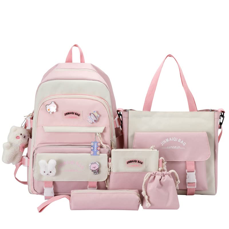 5Pcs Kawaii Backpack with Aesthetic Pin Accessories Cute Laptop Ita Bag for Back to School Stationary Supplies (Pink)