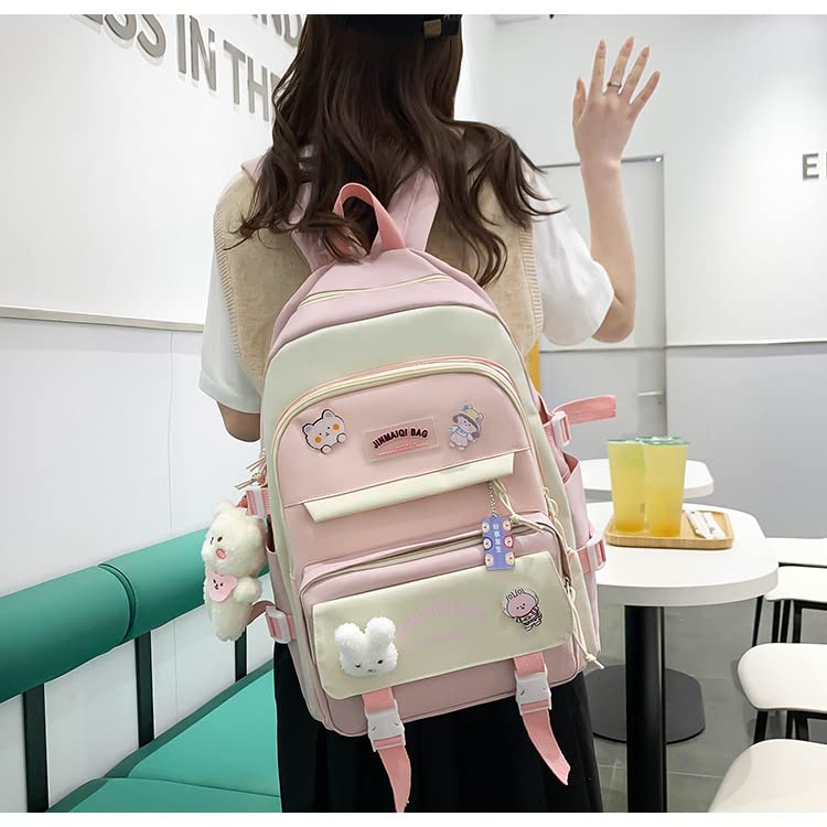 5Pcs Kawaii Backpack with Aesthetic Pin Accessories Cute Laptop Ita Bag for Back to School Stationary Supplies (Pink)