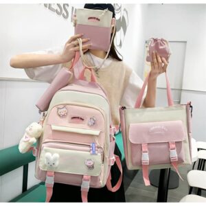 5Pcs Kawaii Backpack with Aesthetic Pin Accessories Cute Laptop Ita Bag for Back to School Stationary Supplies (Pink)