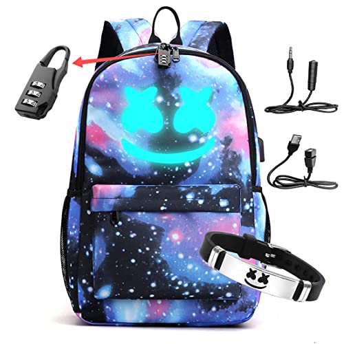 Smile Luminous Backpack with USB Charger Port & Headphone Port, DJ Music Laptop Backpack, Birthday Gifts for Teens and Adult (Sky)