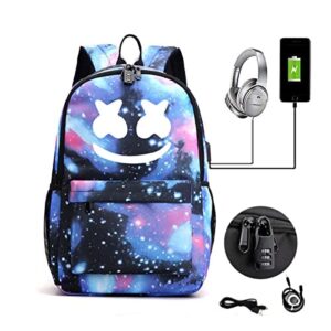 Smile Luminous Backpack with USB Charger Port & Headphone Port, DJ Music Laptop Backpack, Birthday Gifts for Teens and Adult (Sky)