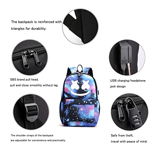 Smile Luminous Backpack with USB Charger Port & Headphone Port, DJ Music Laptop Backpack, Birthday Gifts for Teens and Adult (Sky)