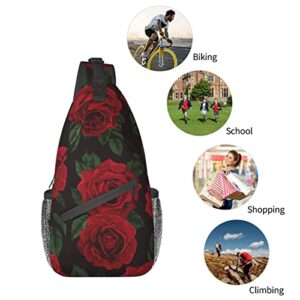 Fylybois Red Rose Flower Sling Bag for Men Women Crossbody Chest Backpack Lightweight Daypack Fashion Shoulder Bags for Travel Hiking Biking Climbing Runner