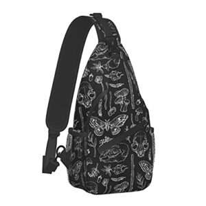 sweet tang men and women sling bag chest daypack shoulder backpack crossbody for hiking camping running large capacity anti-theft rucksack butterfly skull head mushroom leaf specimen